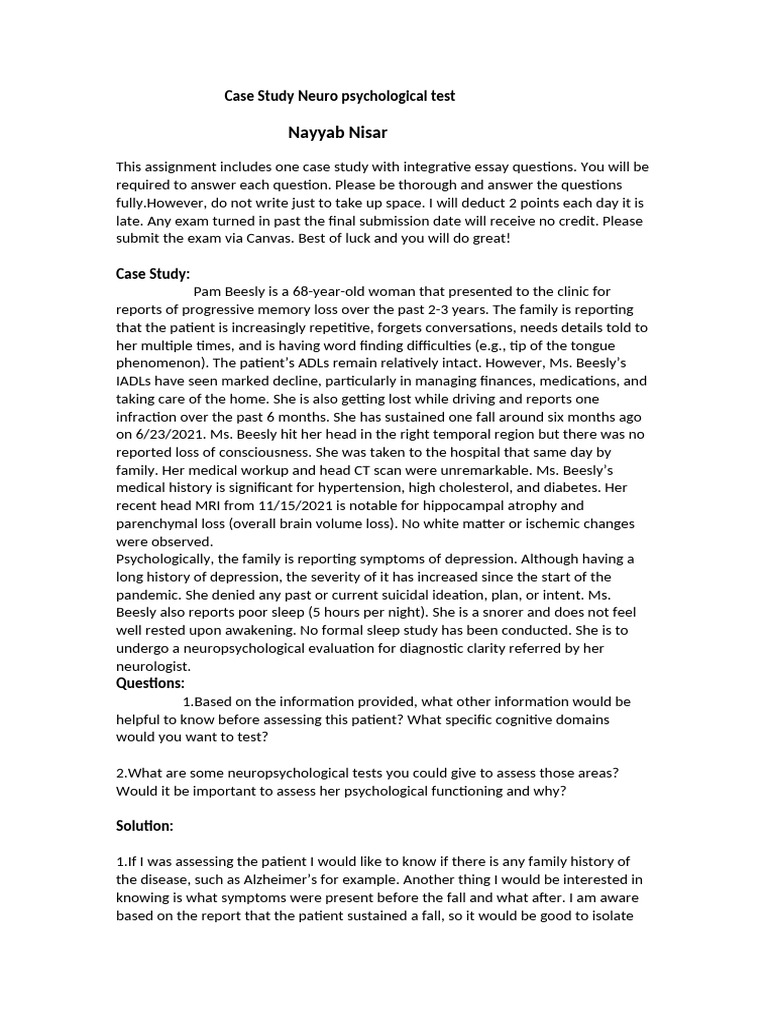 Case Study Neuro Psychological Test | PDF | Alzheimer's Disease | Dementia