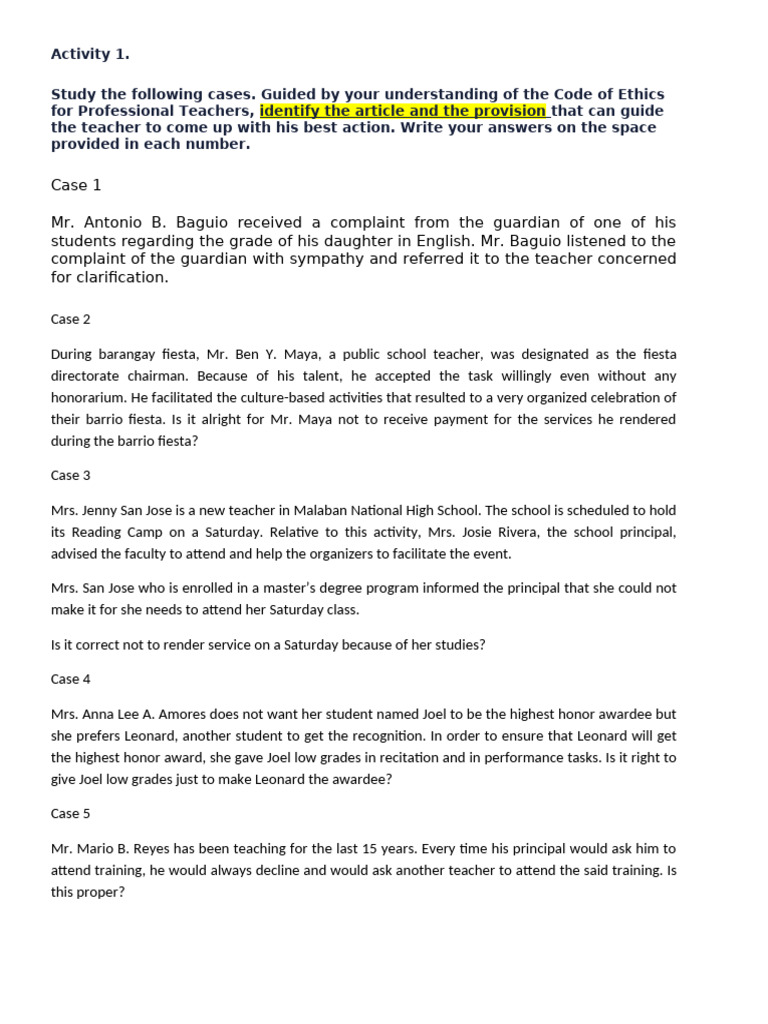 Code of Ethics Activity 1 | PDF