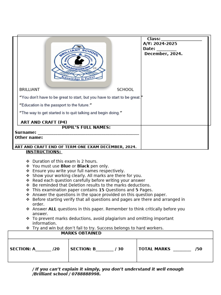 Grade 4 Art and Craft Exam 2024 | PDF | Drawing | Pencil