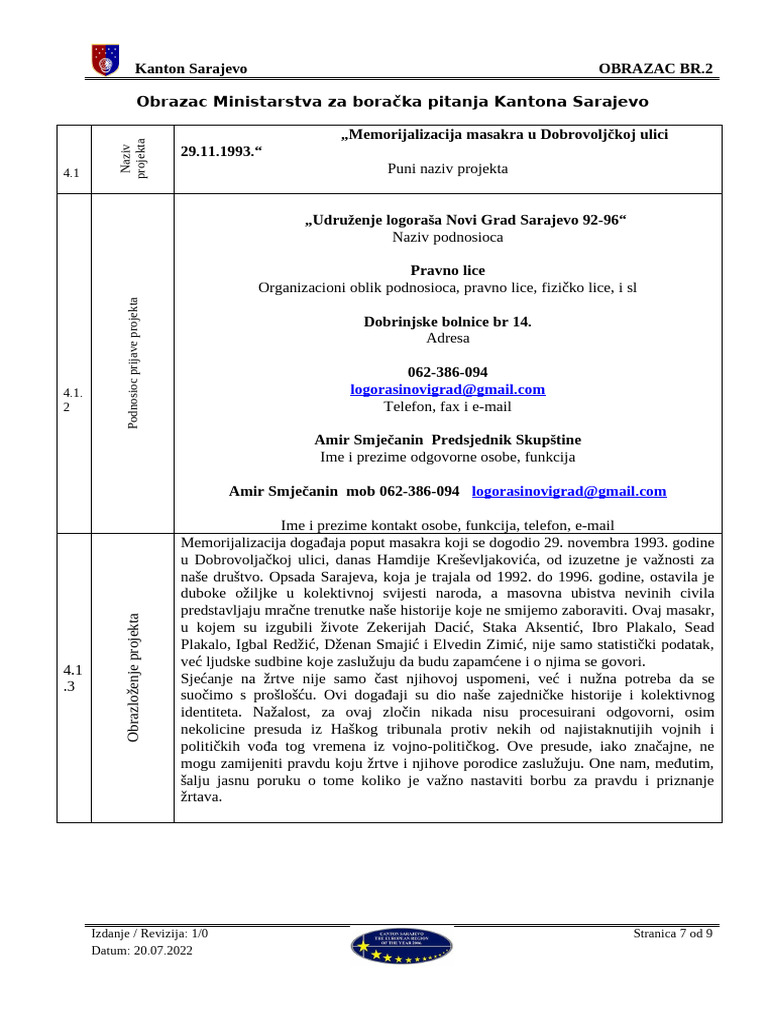 Obrazac Ministarstva za boračka pitanja 2024 | PDF