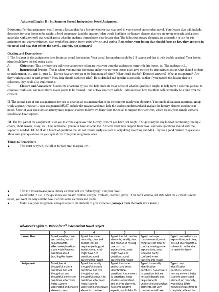 1st Semester Second Independent Novel Assignment | PDF | Lesson Plan ...