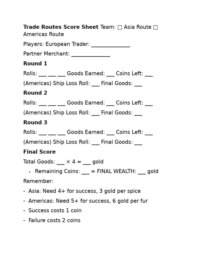 Trade Routes Score Sheet Team | PDF