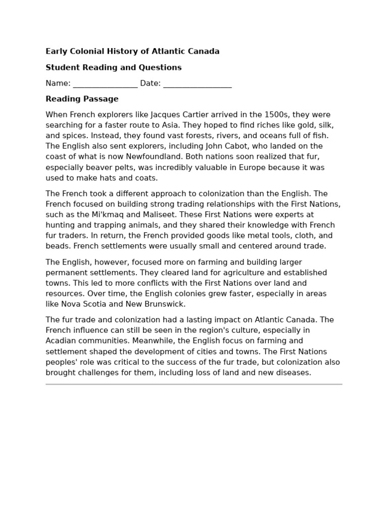 Early Colonial History Worksheet | PDF | Fur Trade | European ...