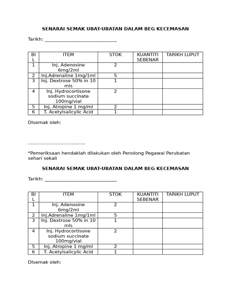 SENARAI SEMAK UBAT BEG KECEMASAN | PDF