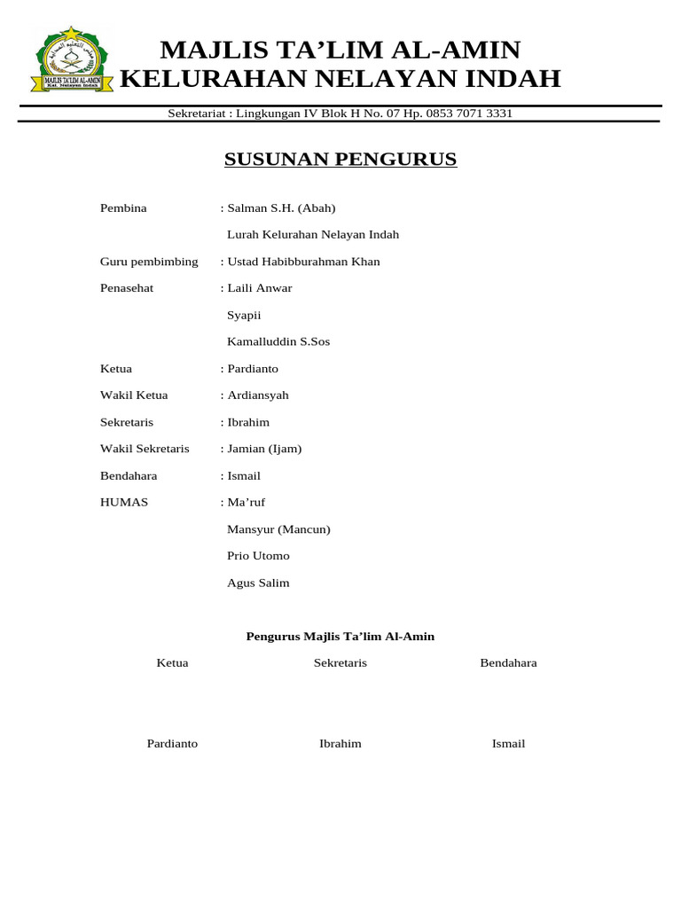 Pengurus Majlis Ta'lim Al-Amin Nelayan Indah | PDF