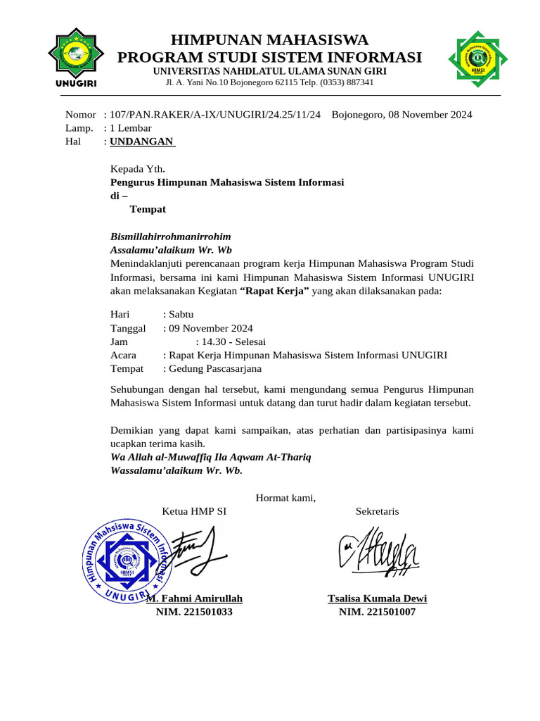 Undangan Rapat Kerja HMP SI UNUGIRI | PDF