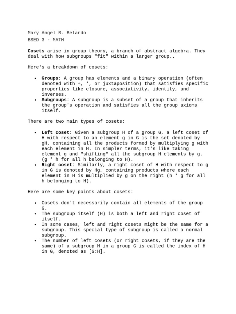 cosets | PDF | Ring (Mathematics) | Group (Mathematics)