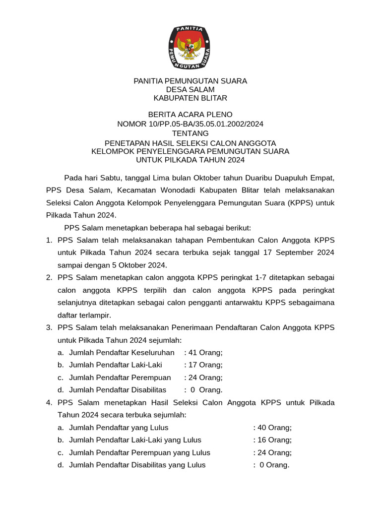 Berita Acara PPS Penetapan Hasil Seleksi KPPS | PDF