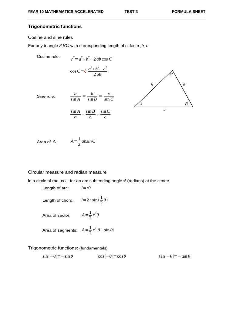 Year 10 Accelerated Test 3 Formula Sheet (1) | PDF
