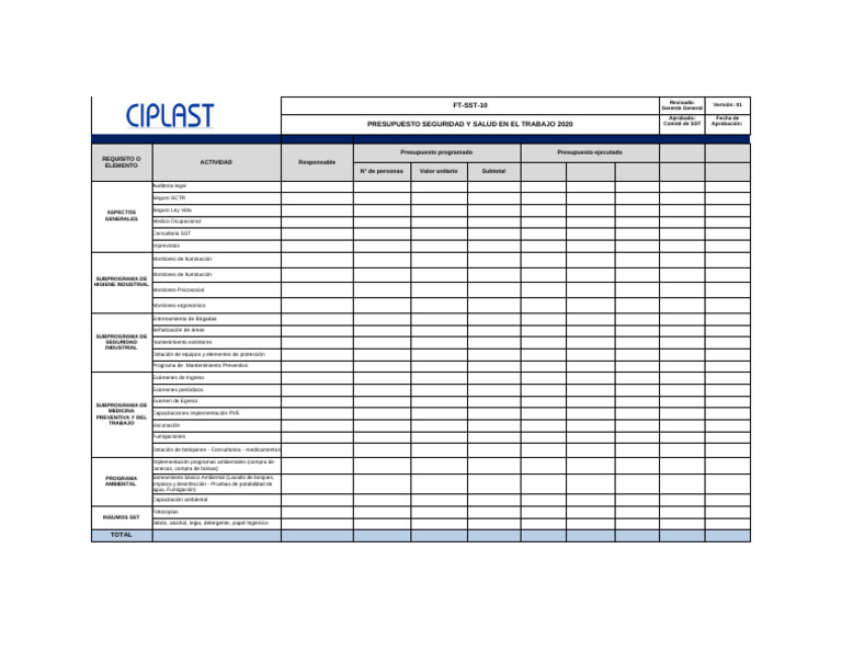 FT-SST-10 Presupuesto SST Ciplast | PDF | Ciencias de la Salud ...