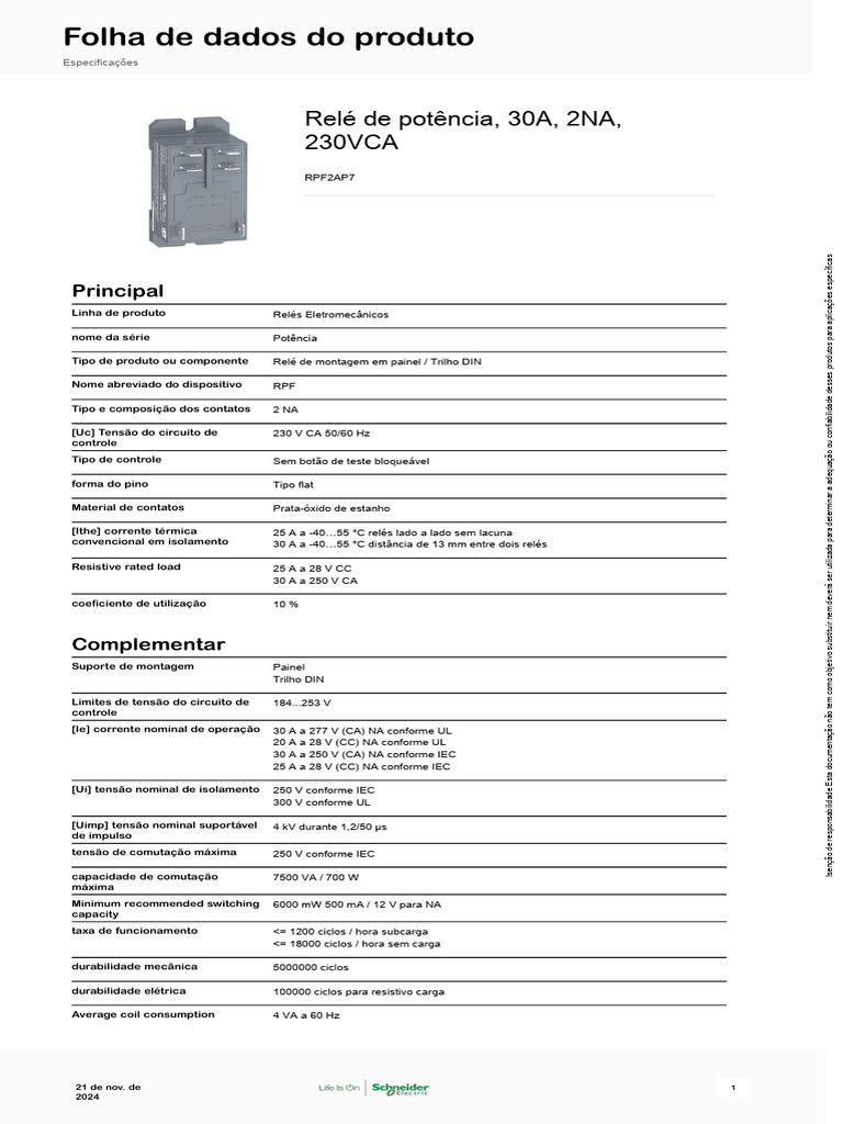 Relé de Potência 30A 230VCA RPF2AP7 | PDF | Relé | Engenharia Elétrica