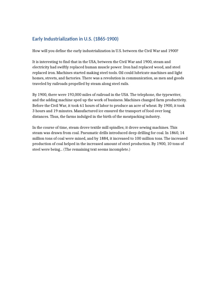Early U.S. Industrialization (1865-1900) | PDF