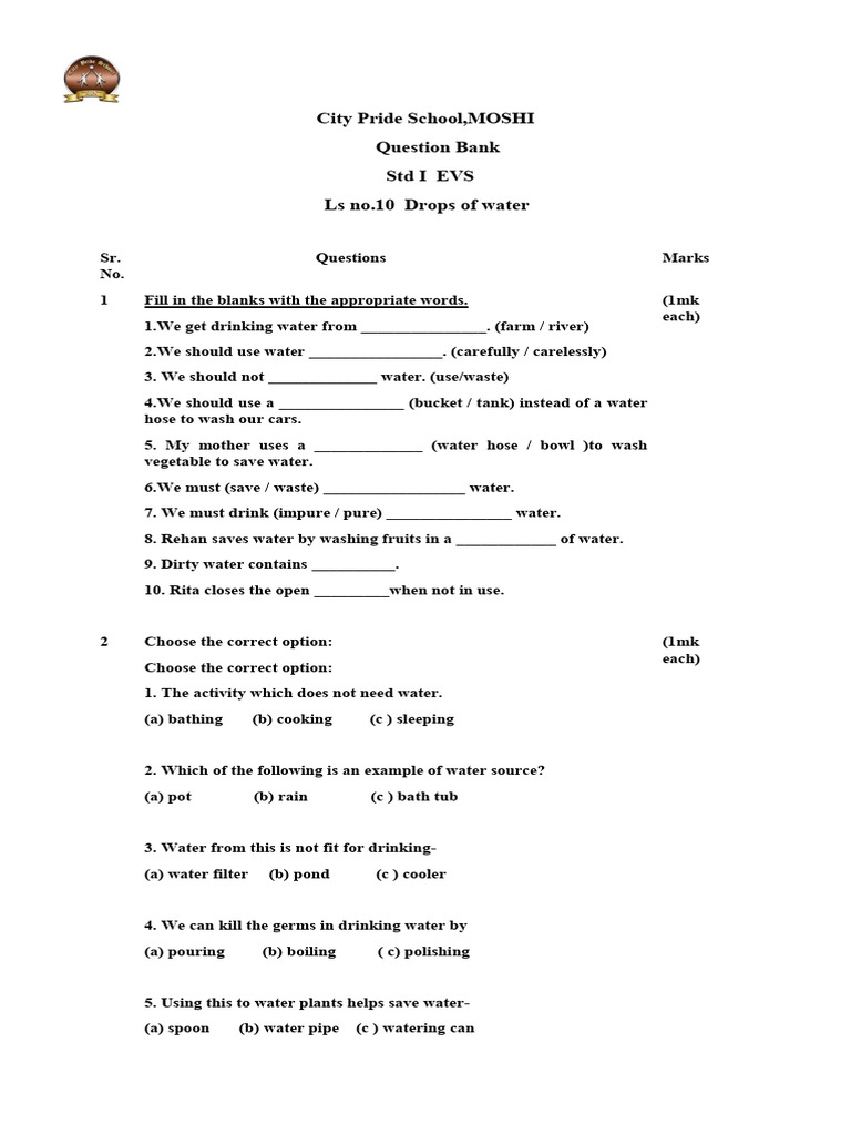 Grade 1 EVS Water & Nature Quiz | PDF | Pet | Plants