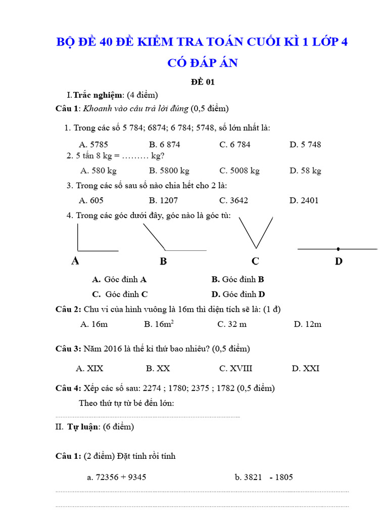 40 de Thi Toan Lop 4 Hoc Ki 1 | PDF