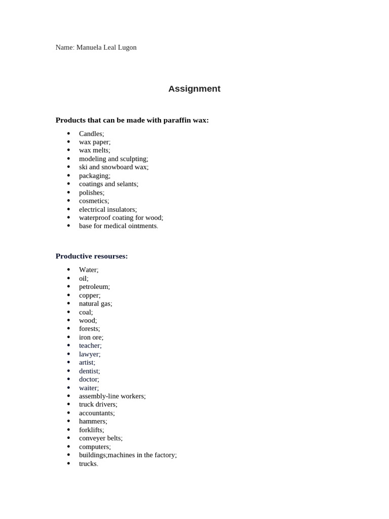 Assignment M1-Manuela Leal Lugon | PDF | Wax | Oil