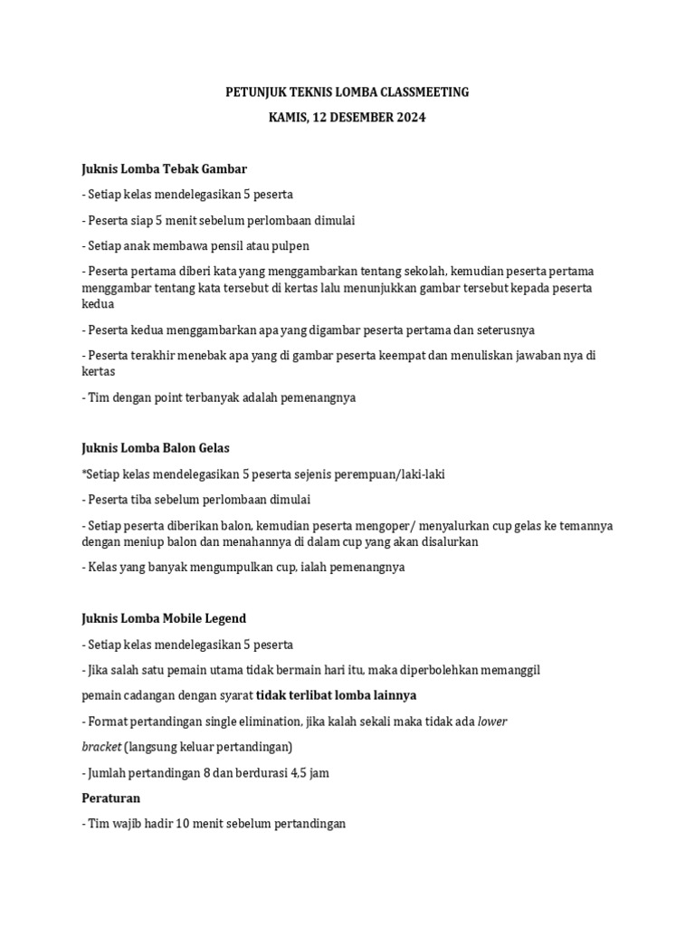 Panduan Lomba Classmeeting 2024 | PDF