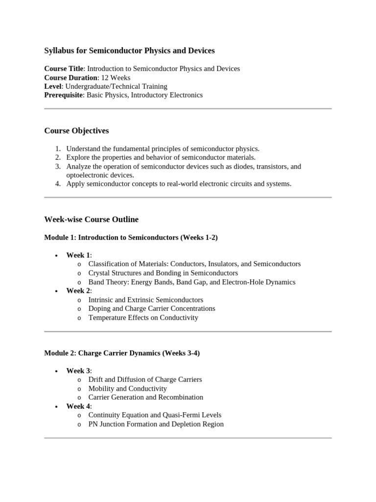 Semiconductor Physics Course Syllabus | PDF | Semiconductors | Bipolar Junction Transistor