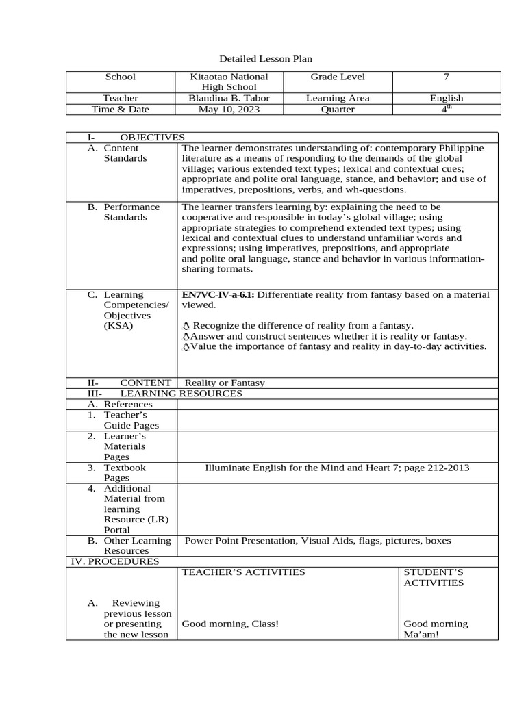 Detailed Lesson Plan Jhs | PDF