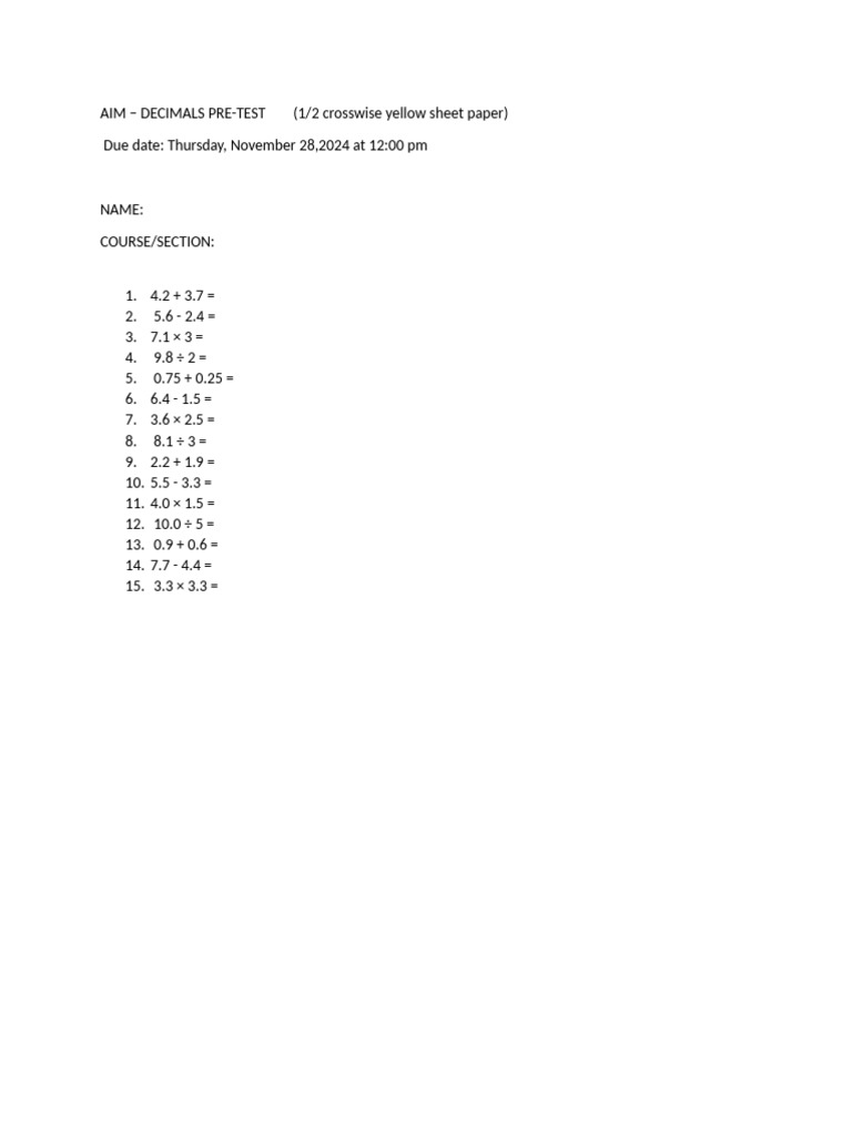 Aim Decimals Pre Test | PDF