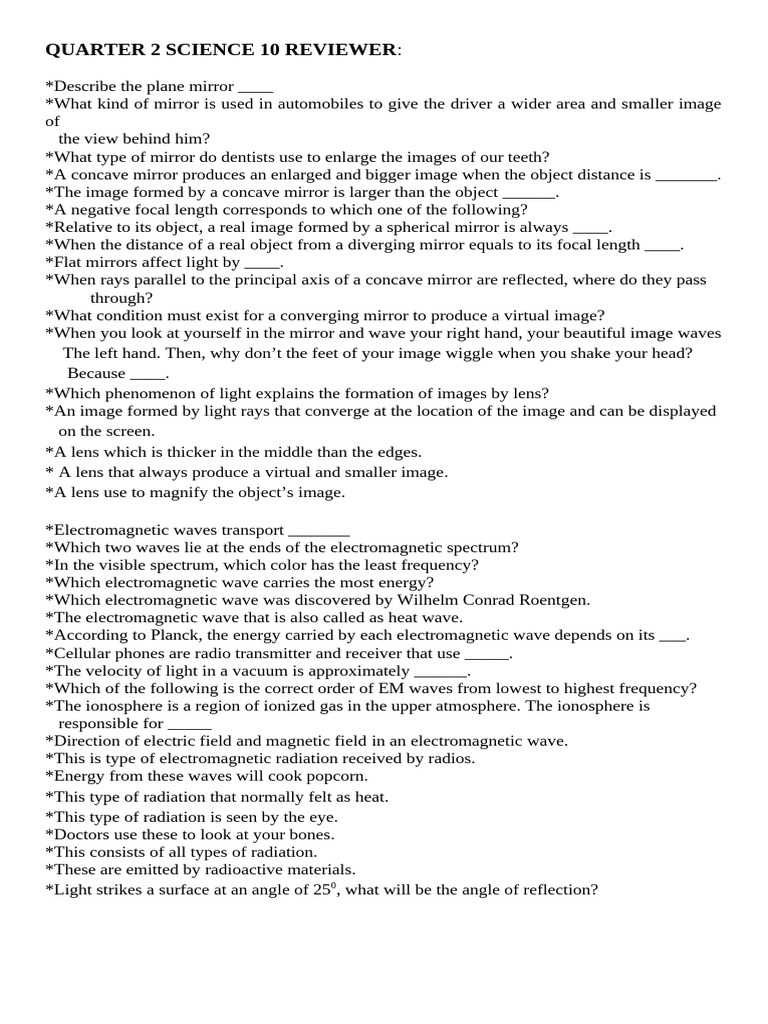 Quarter 2 Science 10 Reviewer | PDF | Electromagnetic Radiation | Mirror