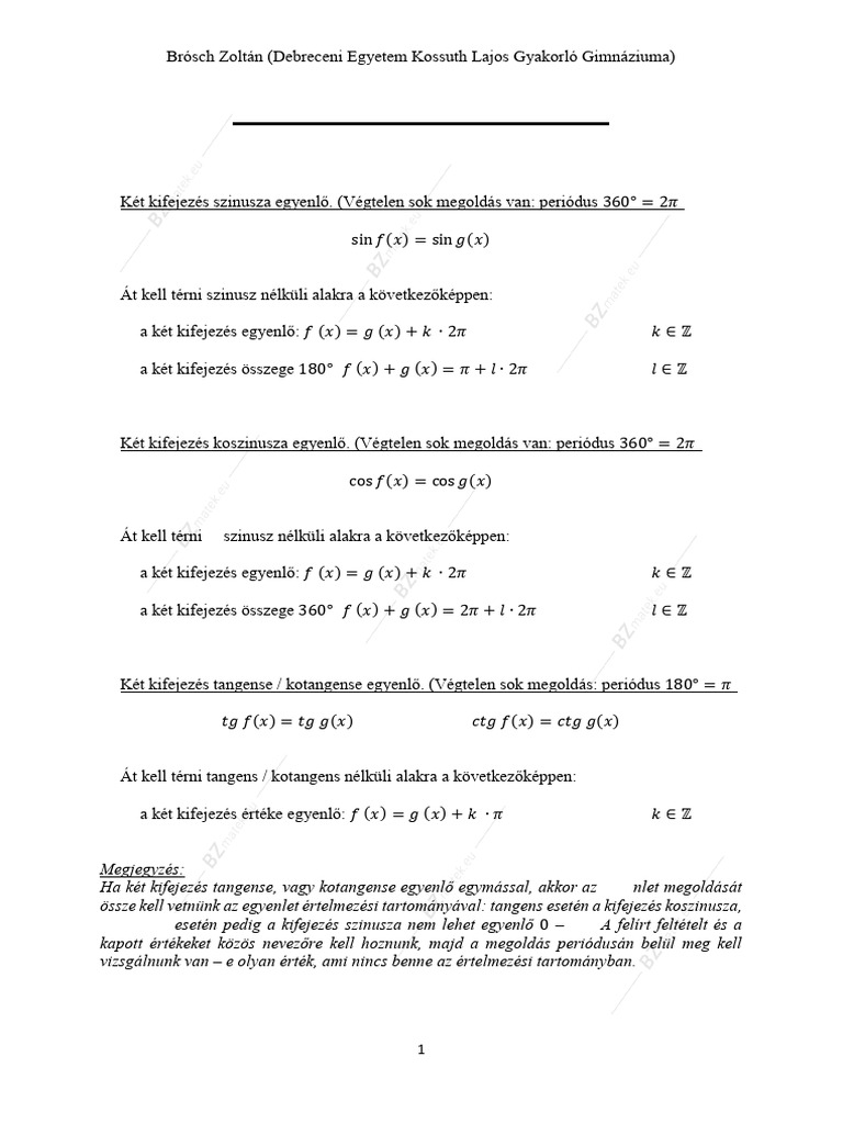 Egyenletek XXII. Trigonometrikus Alapegyenletek II E | PDF