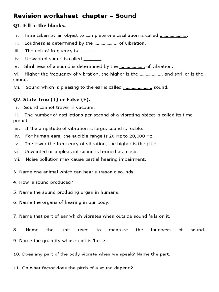 Revision Worksheet Chapter - Sound: Q1. Fill in The Blanks | PDF