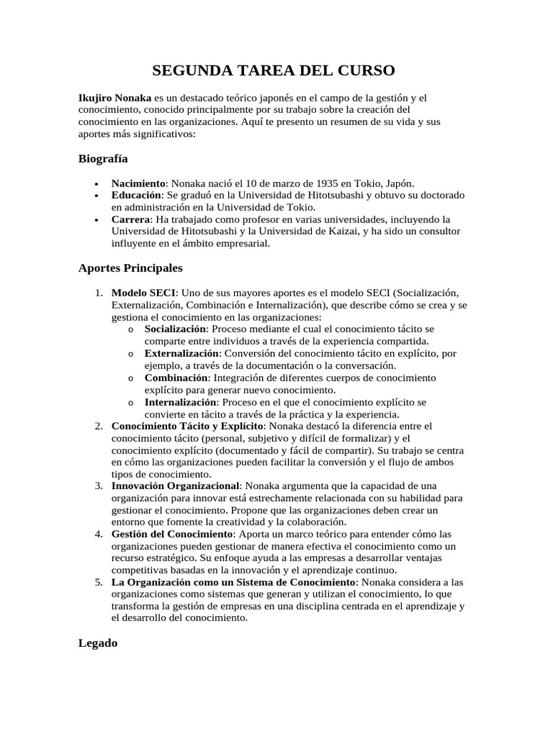 Aportes de Nonaka y Takeuchi en Gestión del Conocimiento | PDF