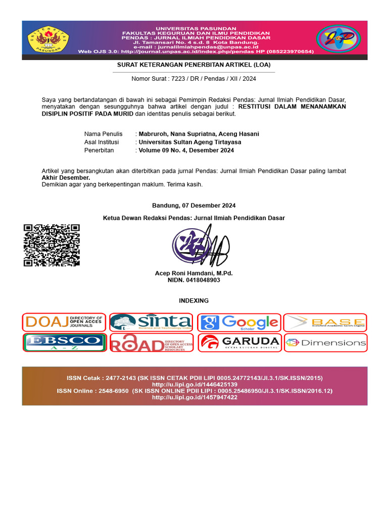 Letter of Acceptance (LoA) - Penulis - Mabruroh, Nana Supriatna, Aceng Hasani | PDF