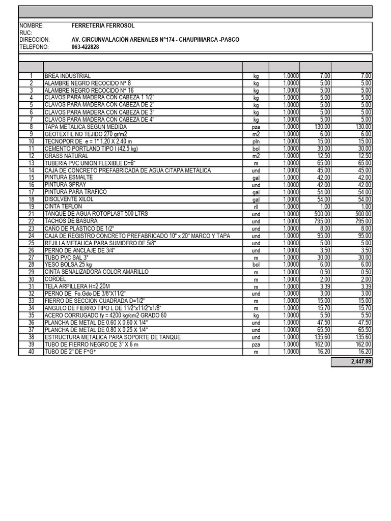 Cotización de Materiales Ferretería Ferrosol | PDF | Materiales de ...
