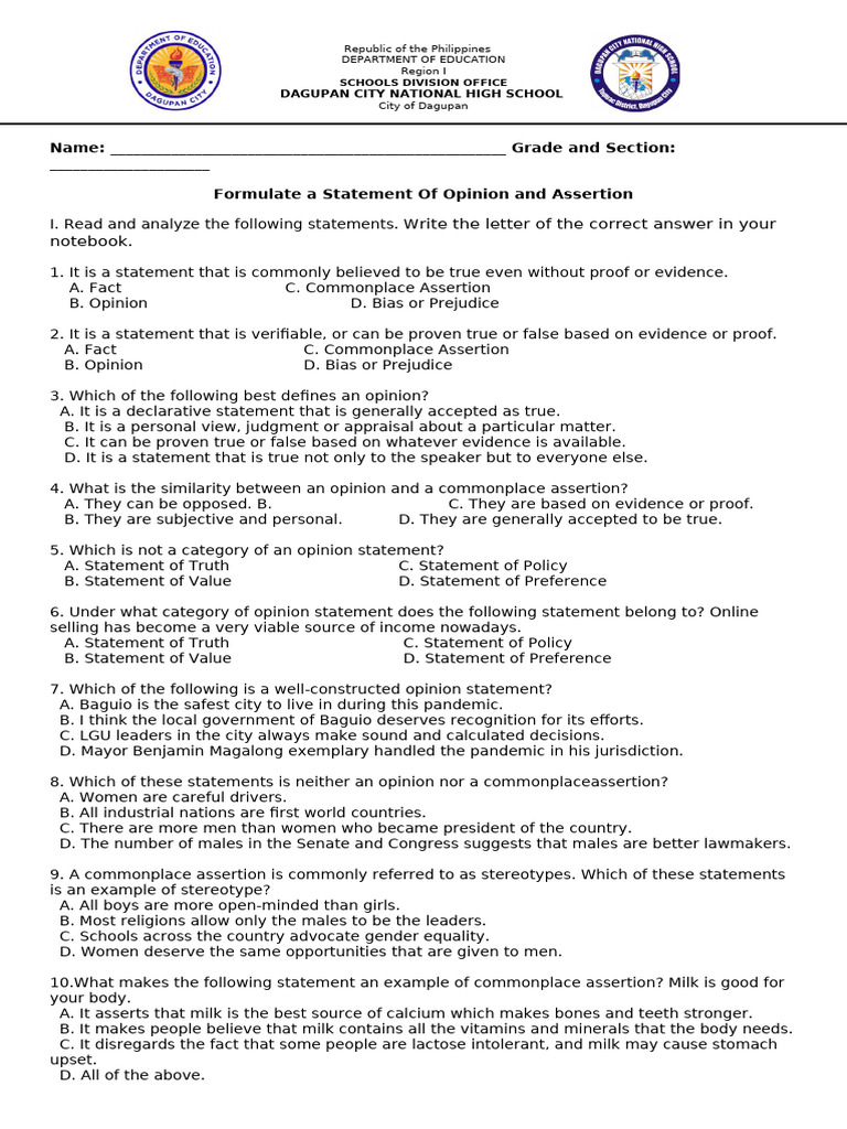 Formulate A Statement of Opinion and Assertion Worksheet 1 | PDF | Truth | Opinion
