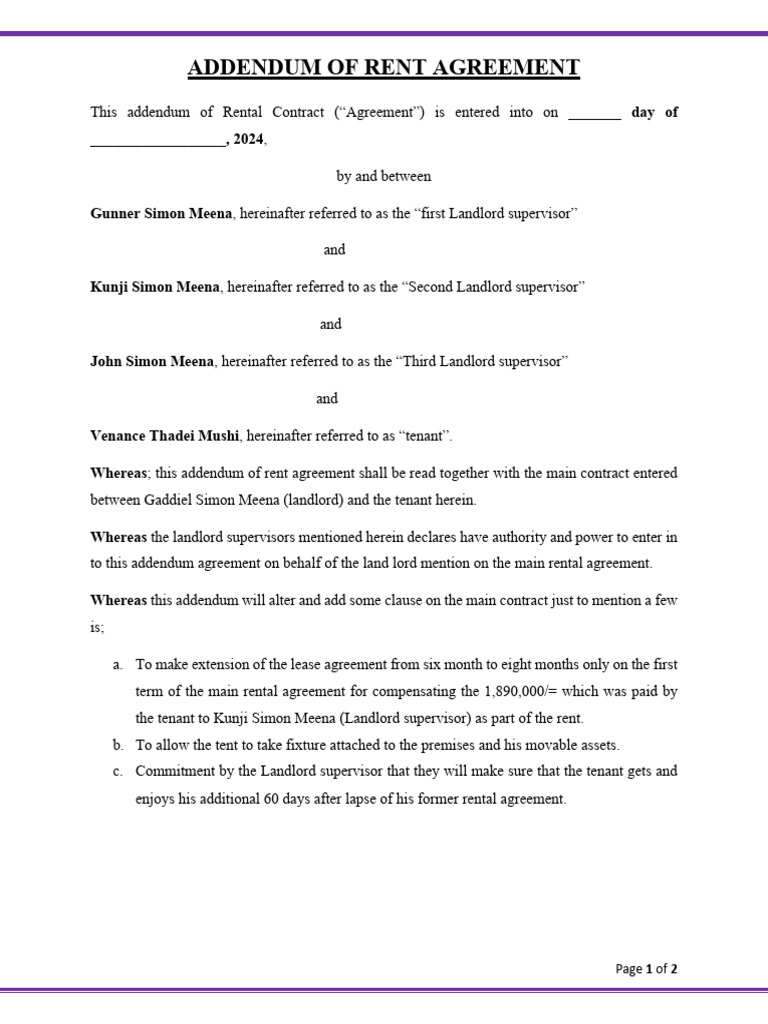 Addendum of Rent Agreement | PDF | Leasehold Estate | Landlord