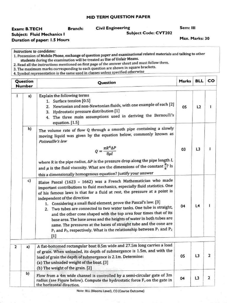 3rd Civil Mid Sem QPs Comp (1)-1 | PDF | Fluid Mechanics | Pressure