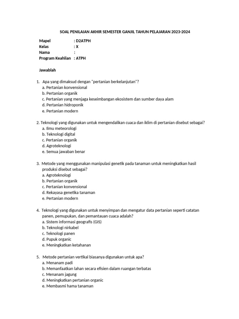 Soal Pas Ganjil Mapel D2atph KLS X | PDF