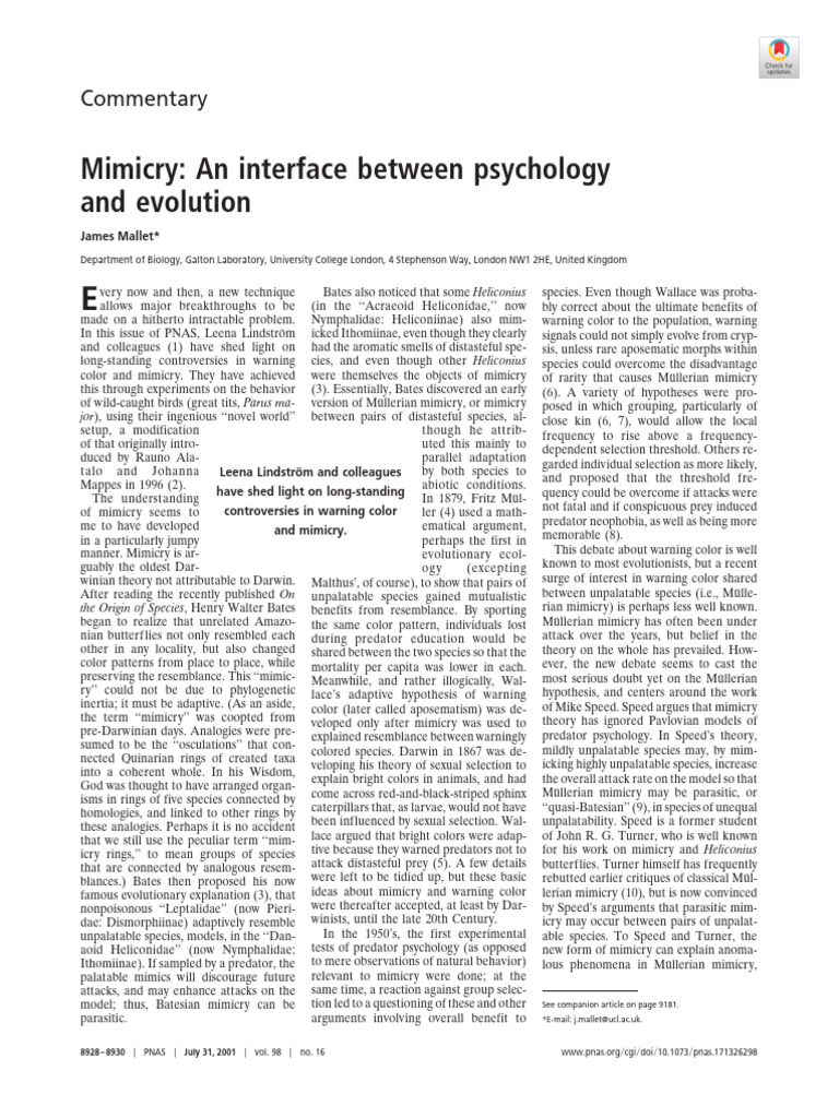 Mallet 2001 Mimicry An Interface Between Psychology and Evolution | PDF ...