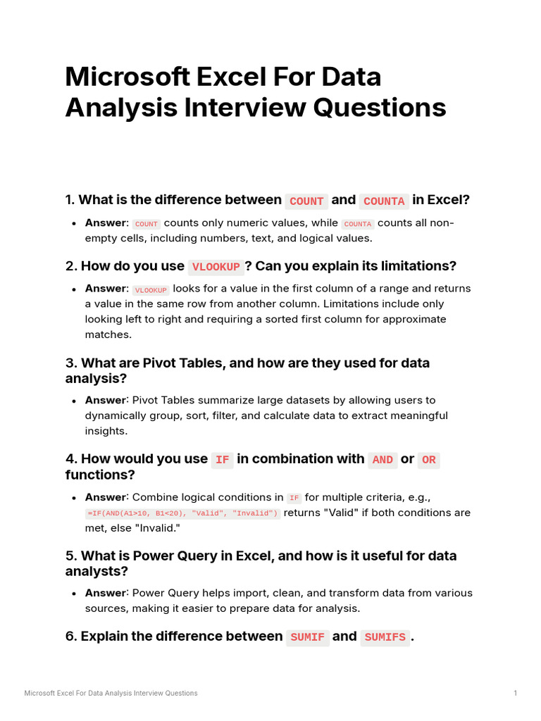 Microsoft Excel For Data Analysis Interview Questions 1727038060 | PDF ...
