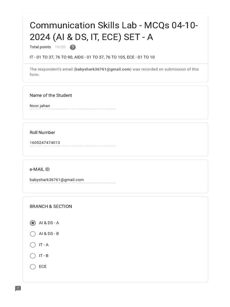 Communication Skills Lab - MCQs 04-10-2024 (AI & DS, IT, ECE) SET - A ...