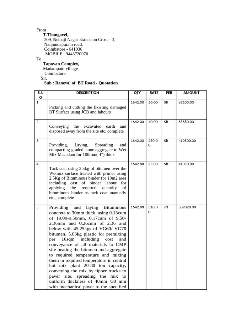 Quotation for BT Road Renewal at Tapovan | PDF | Concrete | Secondary ...