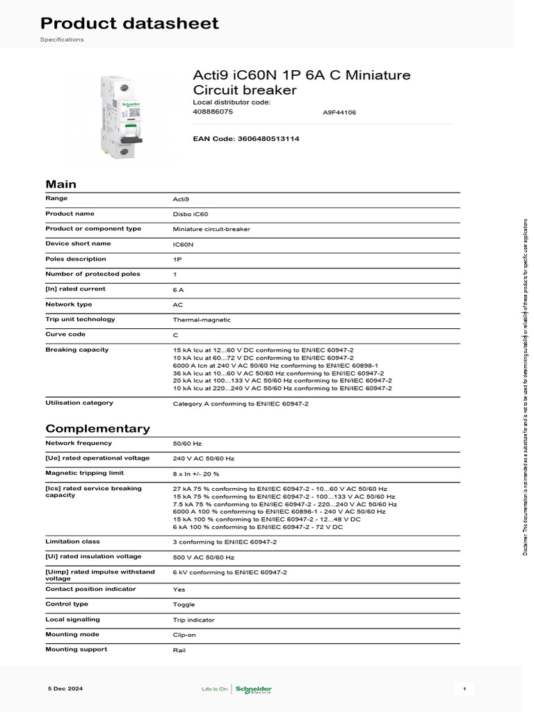 Schneider Electric - Miniature-Circuit-Breaker-Acti9-iC60 - A9F44106 ...