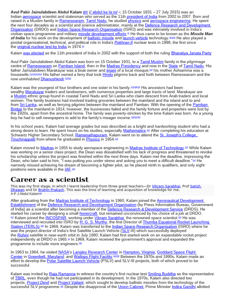Avul Pakir Jainulabdeen Abdul Kalam | PDF