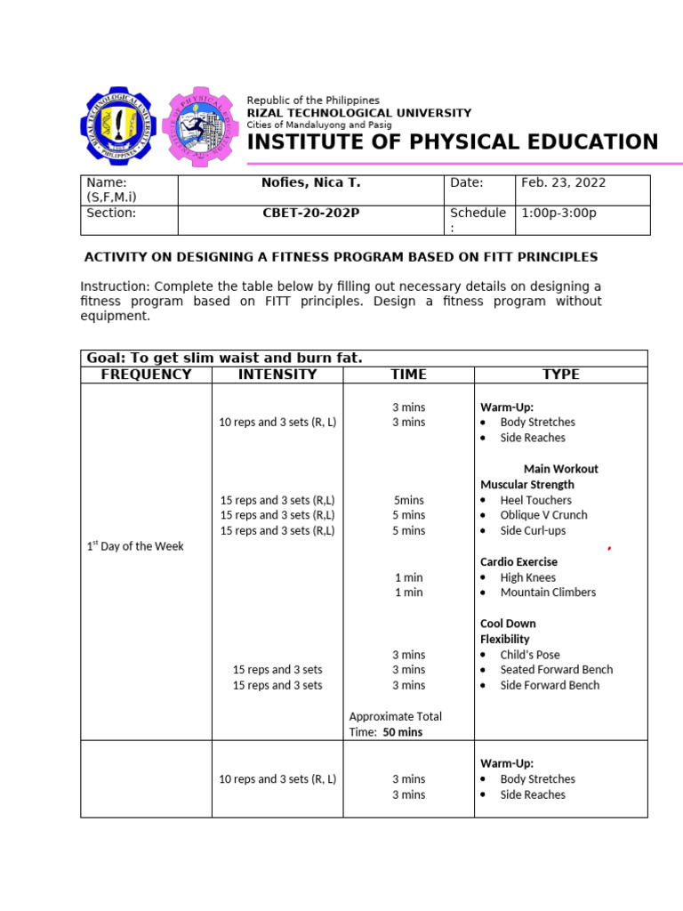 Fitness Program Design Using FITT Principles | PDF | Physical Fitness ...