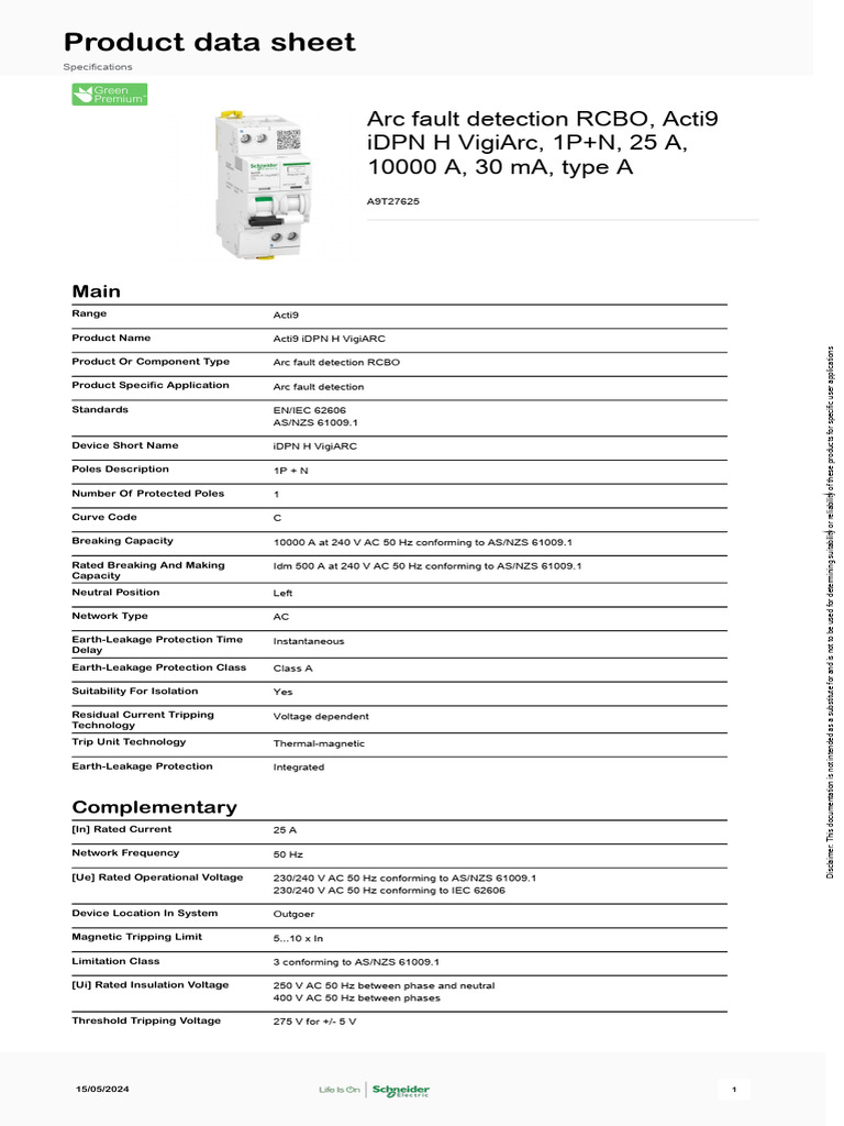 Schneider Electric Acti9-AFDD A9T27625 | PDF | Alternating Current | Electric Power
