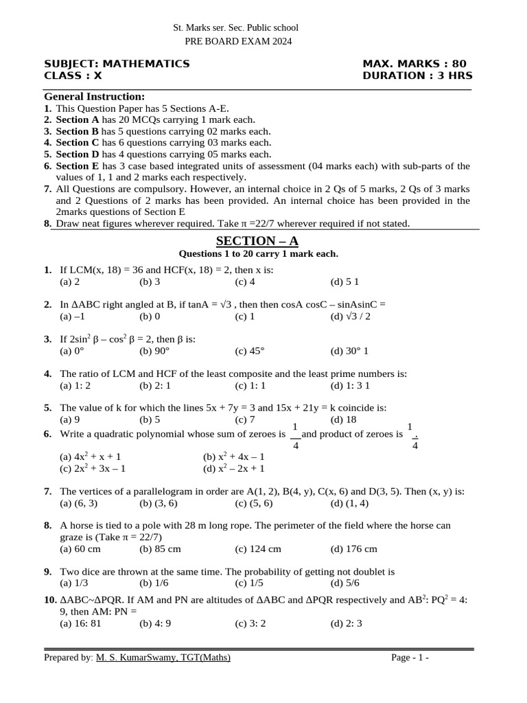 10th Maths Set 4 | PDF | Sphere | Area