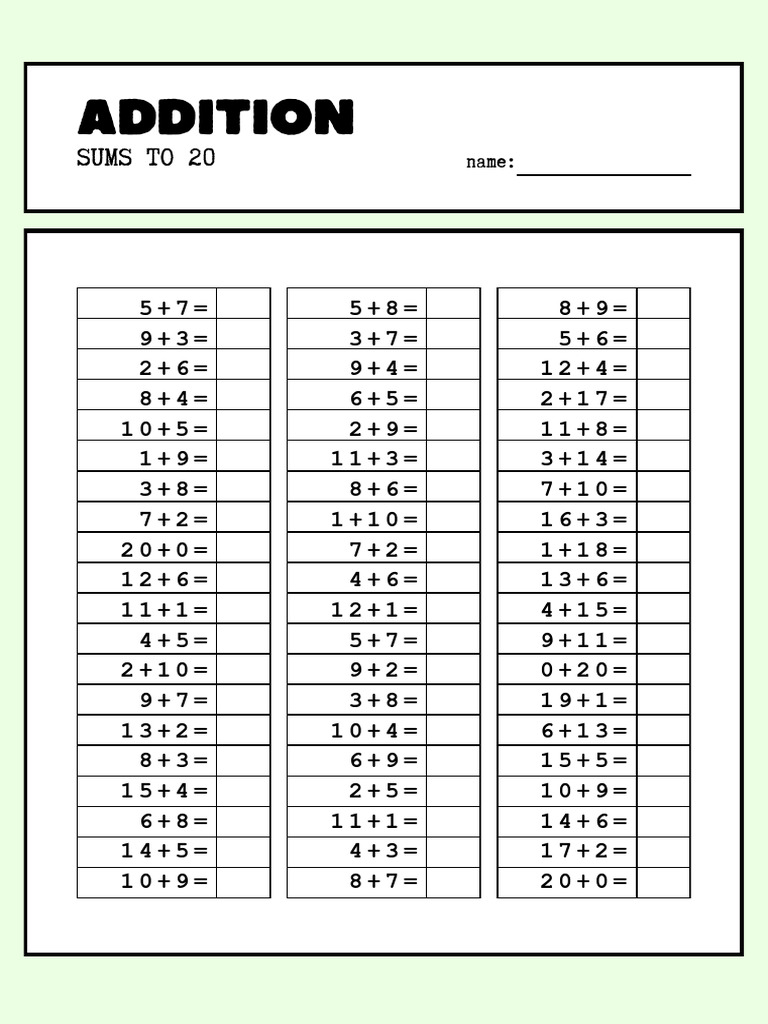 Addition Sums To 20 Math Worksheet | PDF