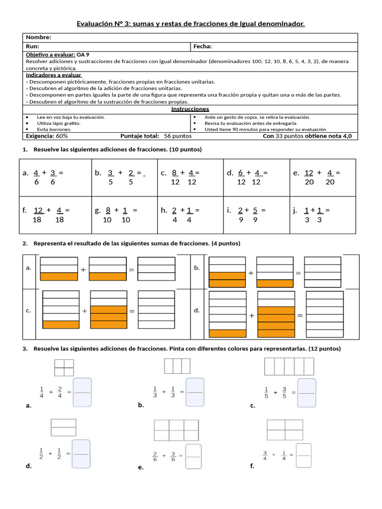 Sumas y Restas de Fracciones Evaluación | PDF | Matemáticas