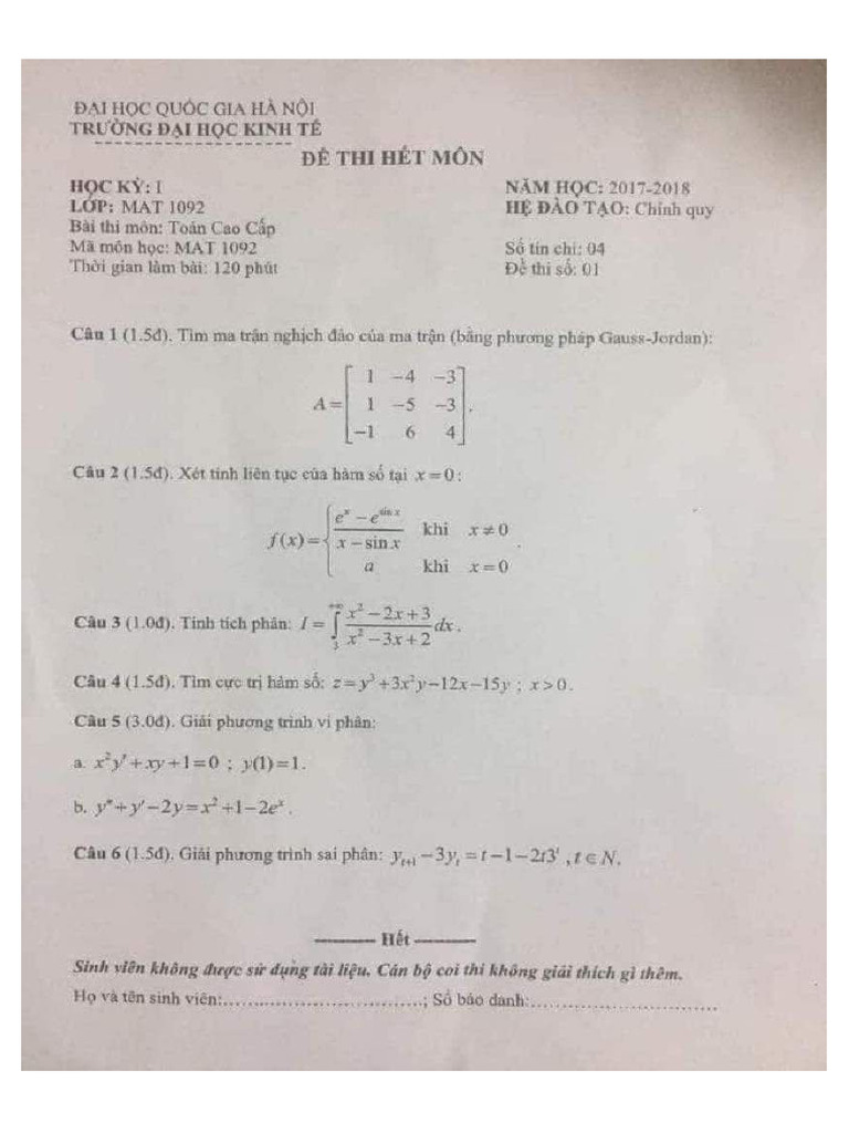 De Thi Toan Cao Cap Danh Cho Cac Nha Kinh Te Kinh Te Quoc Te Truong Da 110272 | PDF