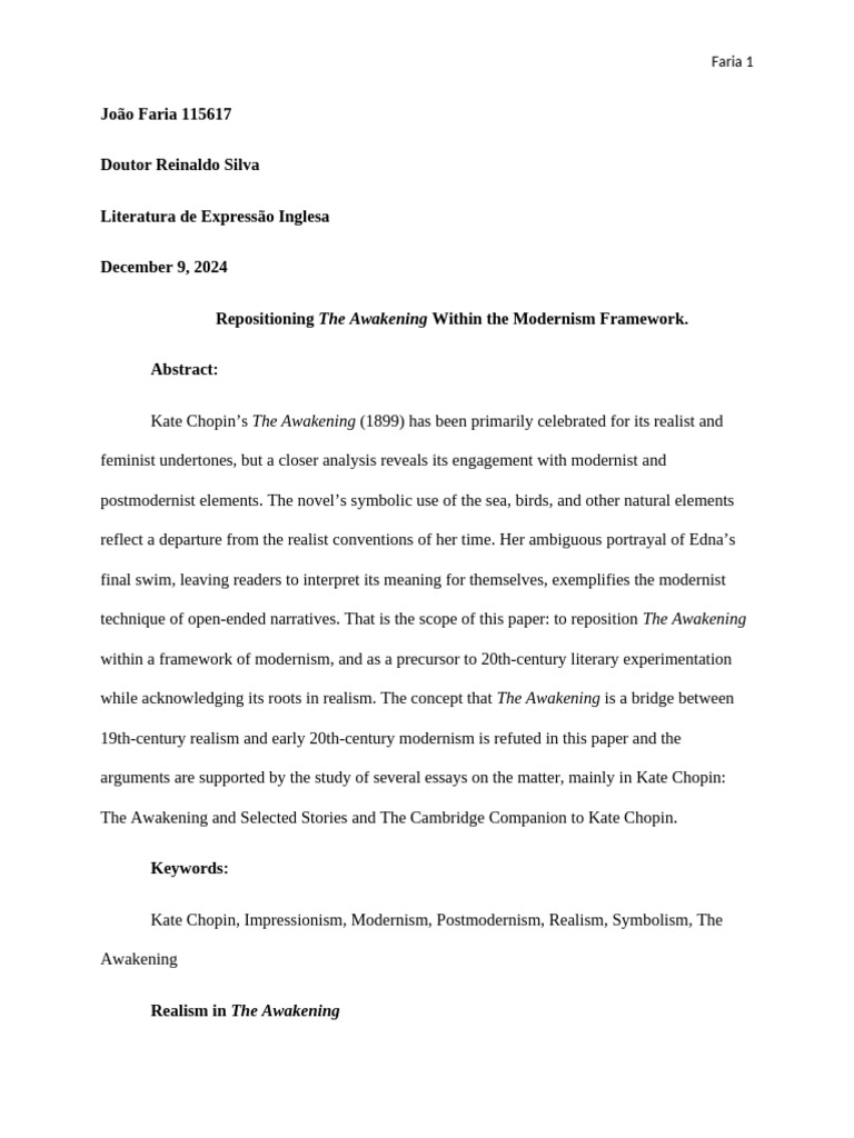 Kate Chopins Categorization Joao Faria 115617 | PDF | The Awakening ...