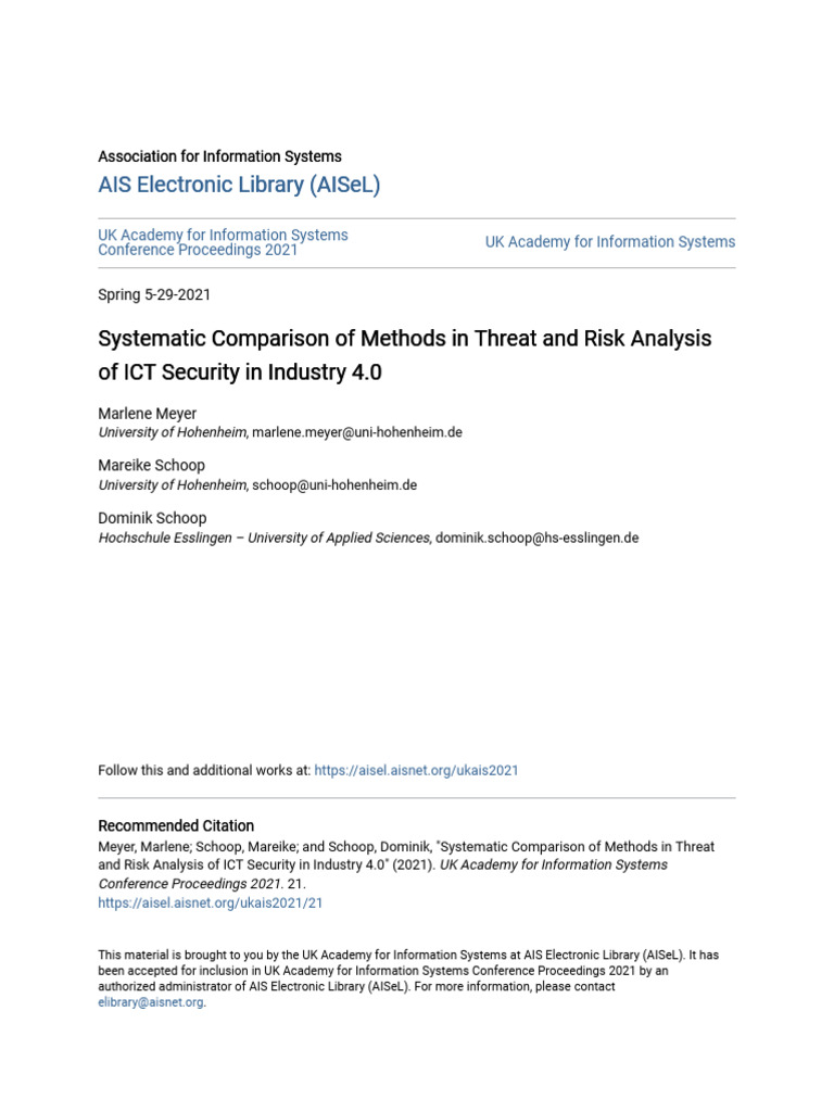 Systematic Comparison of Methods in Threat and Risk Analysis of I | PDF ...