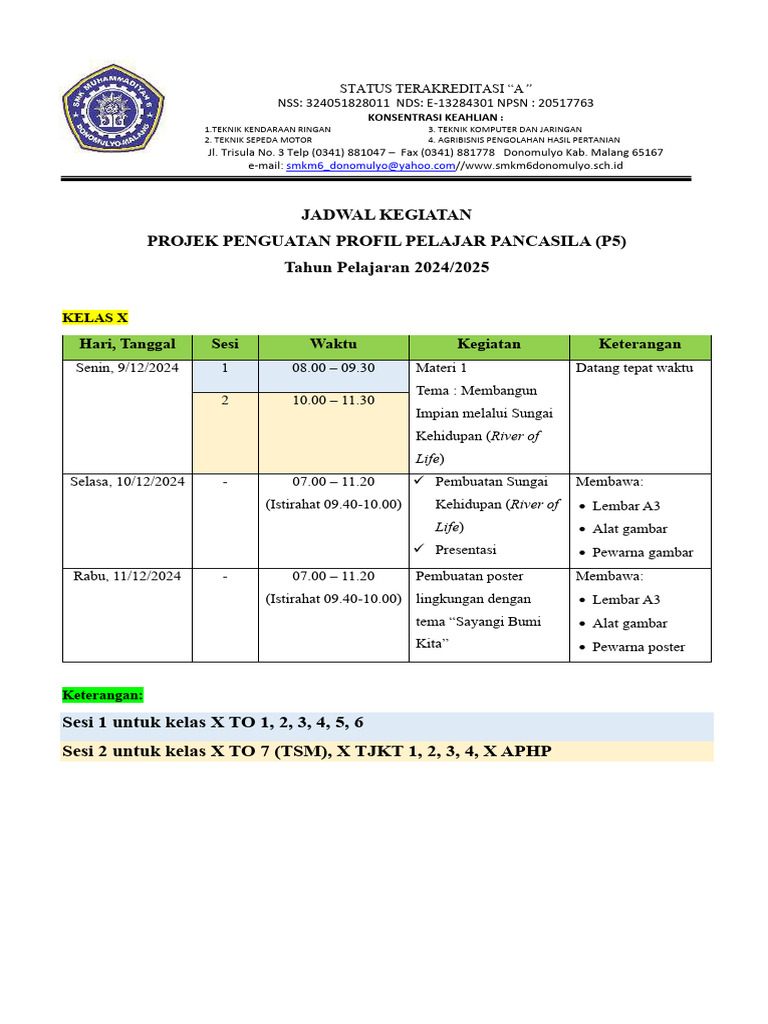 Jadwal P5 Kelas X 2024 | PDF