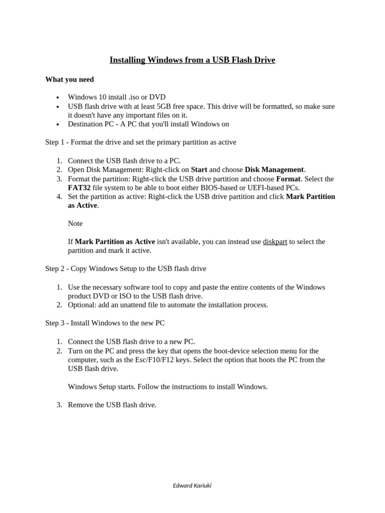 Installing Windows From A USB Flash Drive | PDF | Booting | Bios