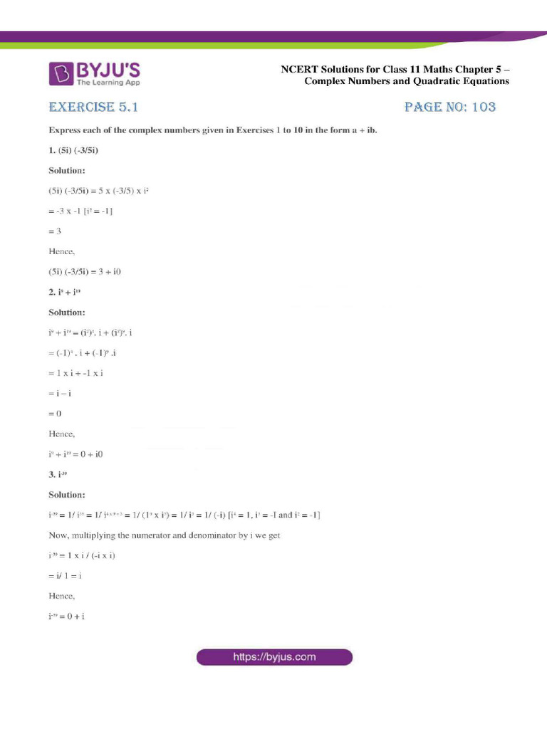 NCERT Solutions For Class 11 Maths Chapter 5 Complex Numbers and Quadratic Equations 01 | PDF